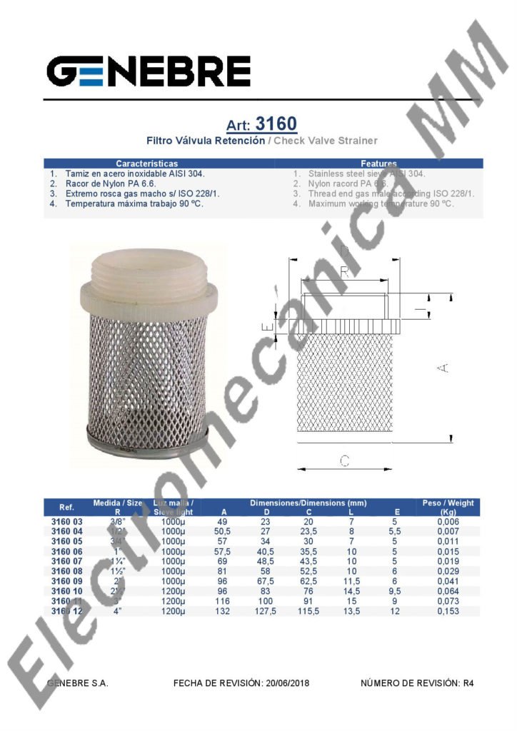 Filtro Para Válvula De Retención "Re-Ge" 1”– Genebre – Articulo 3160 ...