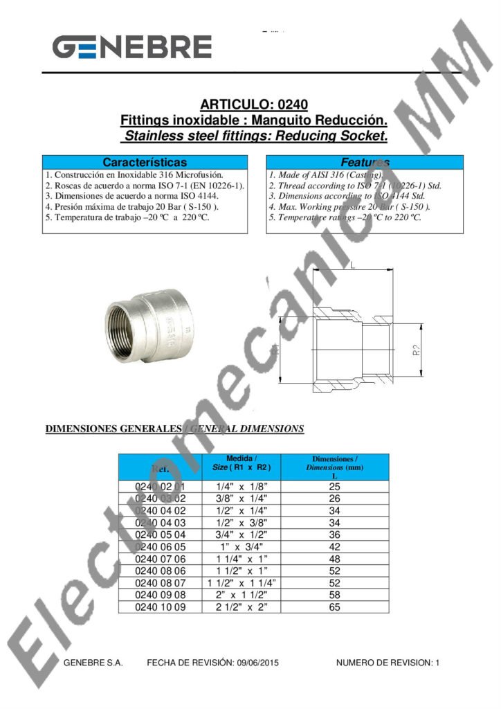 Cupla De Reducción Inoxidable 4" - Genebre - Artículo 0240 - VALVULAS ...