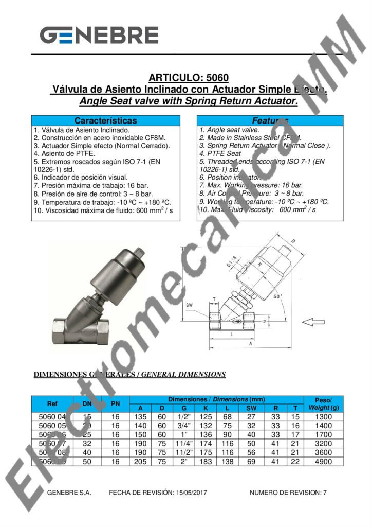 Válvula Asiento Inclinado INOXIDABLE 1" - Genebre - Artículo 5060 ...